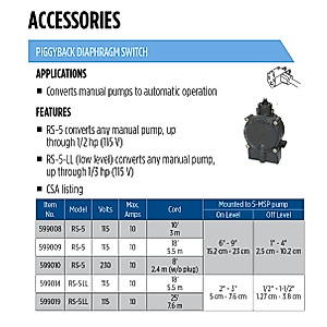 Little Giant 599019 RS-5LL 115 Volt Piggyback Diaphragm Switch, 1/3 hp - 10 amps