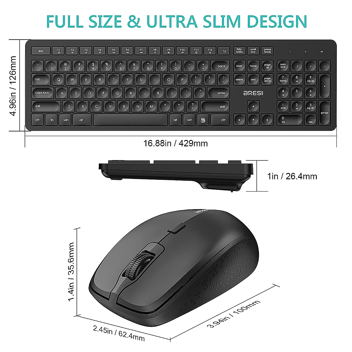 Wireless Keyboard Mouse Combo, BreSii Wireless Keyboard and Mouse Computer Keyboards Mouse Full-size Silent Slim 2.4GHz USB For kids E-Learning PC Desktop Computers Notebook Laptop Windows Office Home