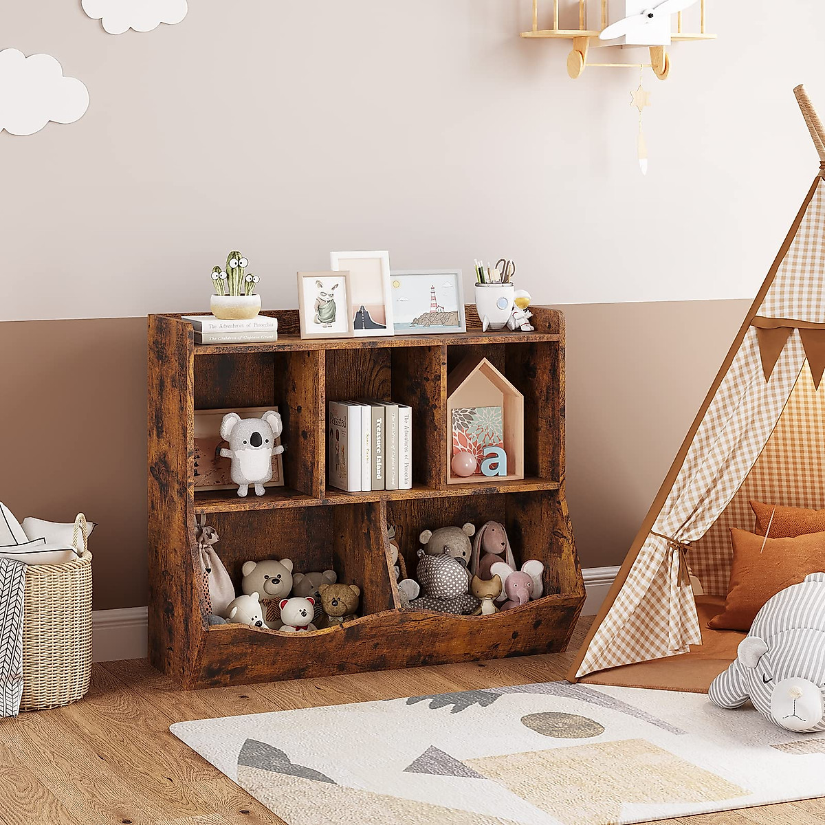 IDEALHOUSE Toy Bookshelf and Bookcase, Multi Shelf with Cubby Organizer Cabinet for Storage Books and Toys, for Bedroom, Playroom, Hallway (Retro Brown)