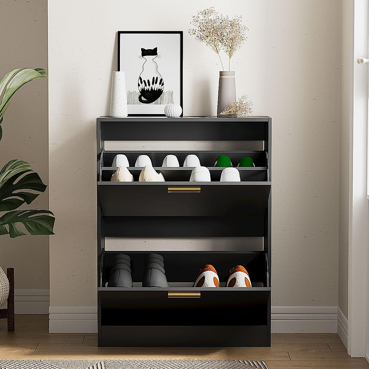 NOVAMAISON Shoe Cabinet for Entryway Slim, Black Narrow Hidden Shoe Storage Cabinet, 2 Flip Drawers Shoe Cabinet, Freestanding Shoe Organizer Cabinet for Hallway