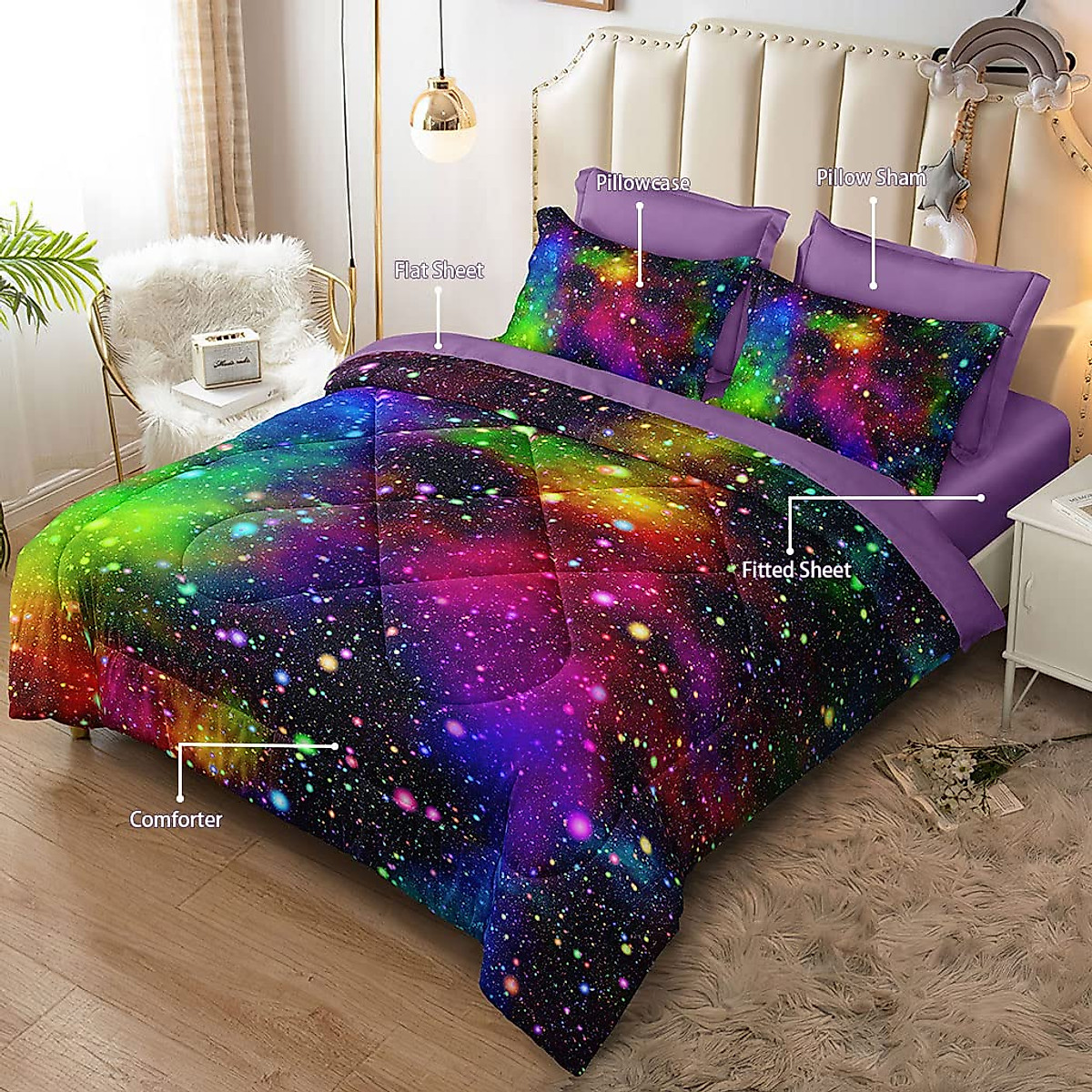 SIRDO Kids Twin Bed Set in a Bag, Galaxy Toddler Bedding Sets for Girls Boys, 5 Piece Colorful Comforter Set with Sheets, Soft Microfiber Bed Sheets All Season