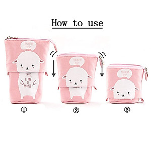 iSuperb Cartoon Telescopic Stand Up Pencil Case Pen Bag Cute Animal Office Student Stationery Bag Cosmetic Organizer Pouch (White Sheep)