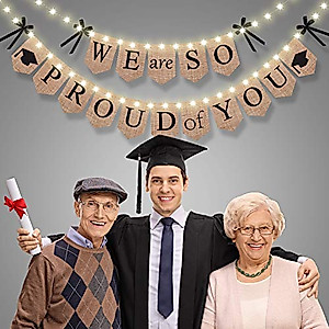 2023 Graduation Banner, We are So Proud of You Burlap Banner with 8 Modes LED String Lights, Lighting Wall Hanging Garland Bunting Flags Sign for Grad Party