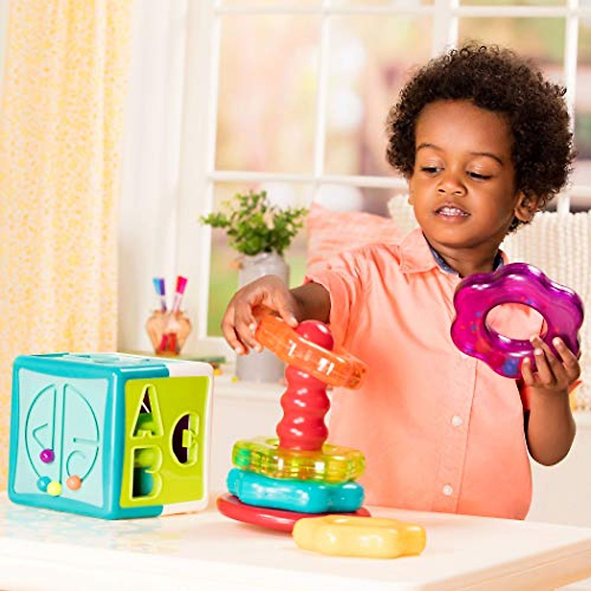 Battat – Sort & Stack Combo – 17-Piece Sensory Sorting Set – Activity Cube With Bead Maze – Educational & Dexterity Toys – 2 Years + – Shape Sorter Cube + Stacking Rings
