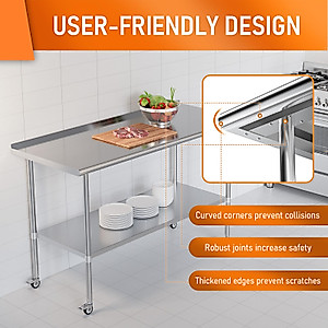 HOCCOT Stainless Steel Prep & Work Table with Adjustable Shelf, with Backsplash and Wheels, Kitchen Island, Commercial Workstations, Utility Table in Kitchen Garage Laundry Room Outdoor BBQ, 24" X 60"