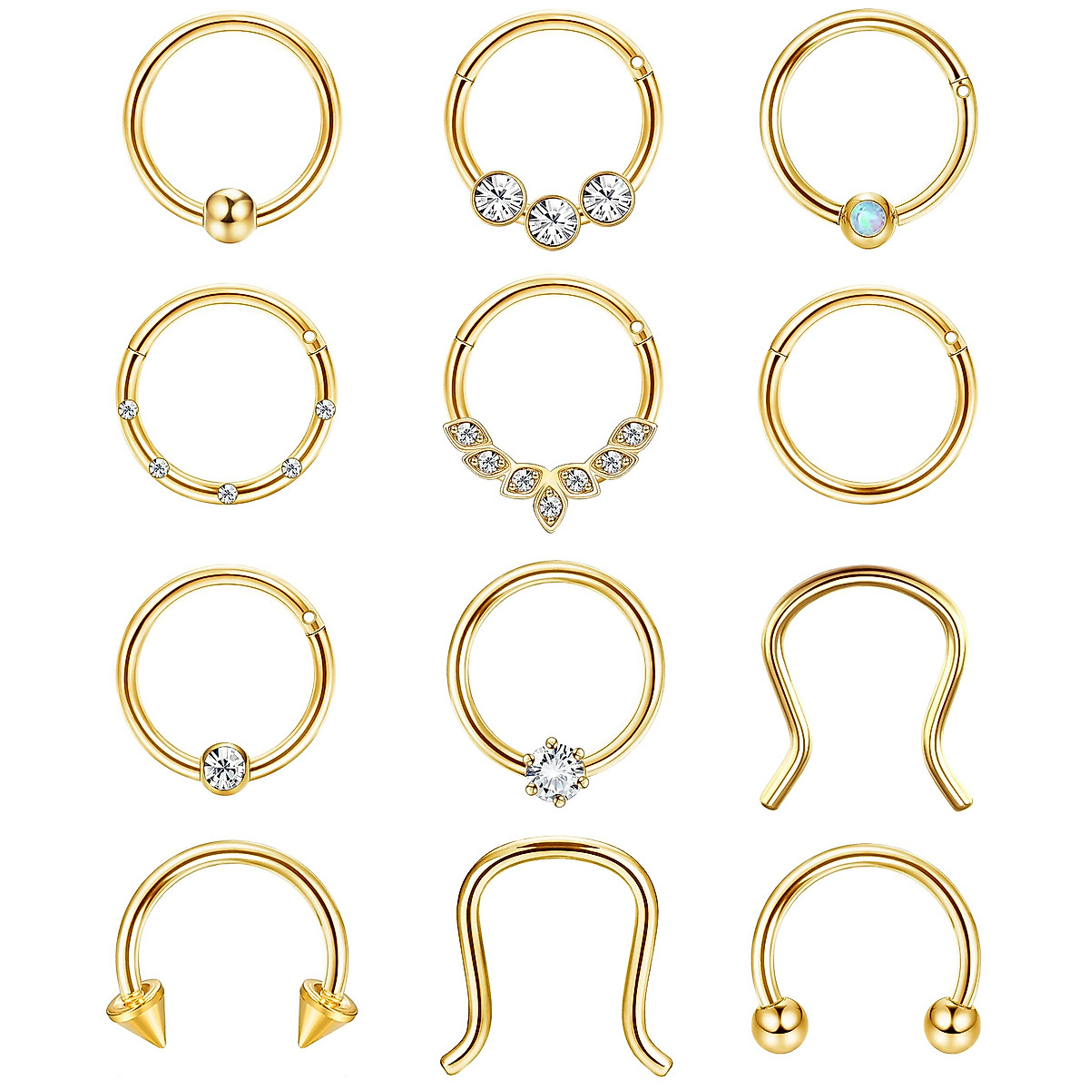 YADOCA 12PCS 16G Septum Rings Surgical Steel Septum Nose Piercing Jewelry Septum Clicker Nose Rings Hoops for Women Men Horseshoe Daith Helix Tragus Lip Cartilage Earrings Gold 10MM