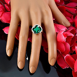 55Carat Bezel Setting Bold Ring sterling silver Created Emerald Cushion shape Green color Wedding Engagement Daily Wear Ring Jewelry Bezel Setting in Size 8 Casual Wear for Gift
