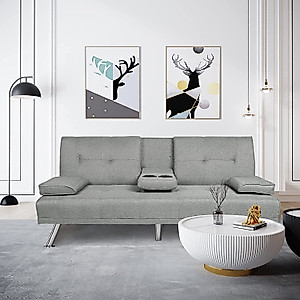 FANYE Modern Futon Sofa Loveseat Convertible Sleeper Couch Bed for Small Space Studio Office Living Room Furniture Sets, Twin Daybed Sofabed 2 Seater Sofa & Couch Love Seats, Grey Linen 66.2"