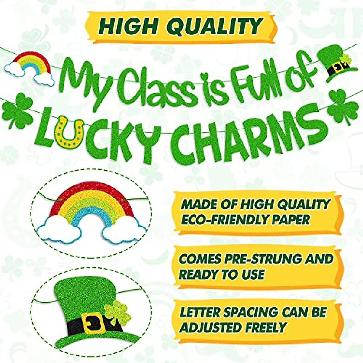 My Class is full of Lucky Charms Banner St. Patrick Day Decoration Saint Patrick Green Three Leaf Clover Shamrock Garland for Irish Day Decor Lucky Themed Preschool Birthday Bday Engagement Baby Shower Bachelorette Party Anniversary Celebration Supplies