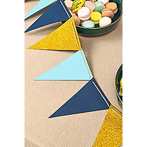 10 Feet Paper Pennant Party Decorations, Triangle Flags Bunting, Paper Triangle Garland for Wedding Decor, Nursery Wall Decor, Baby Shower, Bridal Shower (Gold Glitter, Aqua Blue, Navy Blue) 18PCS