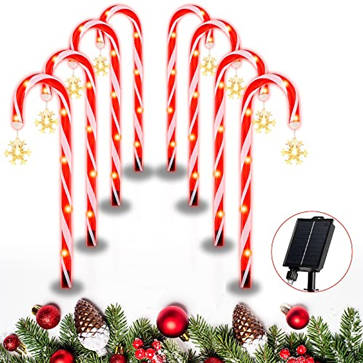 Christmas Candy Cane Solar Lights with SnowflakesCandy Cane Lights Set of 8,Red and White Yard Lights for Holiday Xmas Indoor Courtyard Patio Garden Walkway