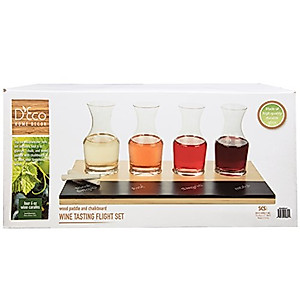 Wine Tasting Flight Sampler Set - Includes Four 6 oz Decanter Glasses and Wood Paddle with Chalkboard - Great for Spring Winery Tour Taste Testing, Perfect Housewarming, Wedding, and Mother's Day Gift