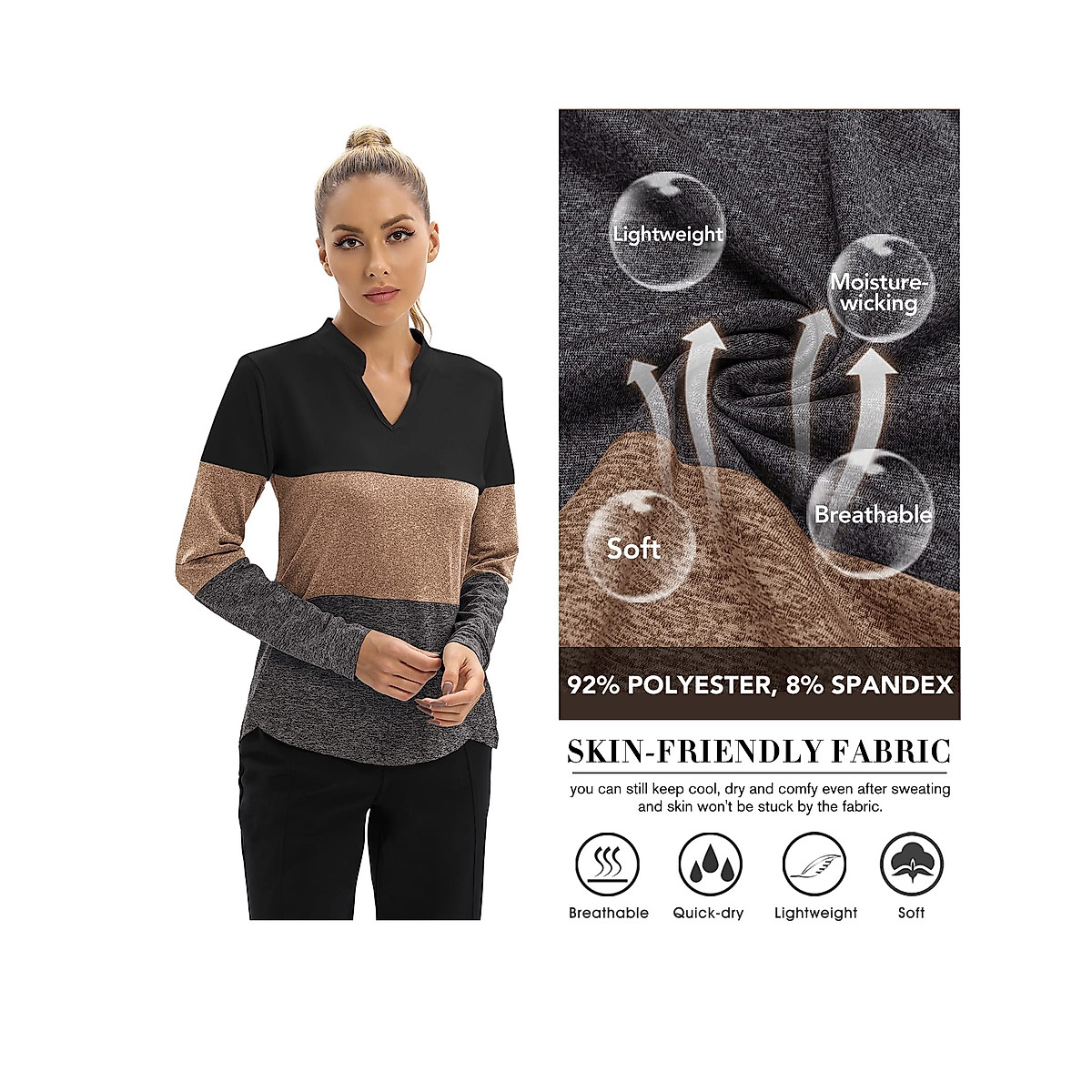 COOrun Long Sleeve Workout Shirts for Women Yoga Athletic Casual Tops Gym Running Breathable Shirt Quick Dry 2_Black_Brown_Dark Gray XX-Large