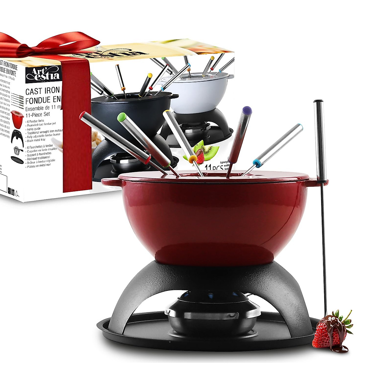 Artestia 11-Piece Cast Iron Fondue Set with Adjustable Burner 6 Colored Forks, 5-Cup Red Cheese Fondue Pot, Perfect for Chocolate, Caramel, Meat, 4-6 Person