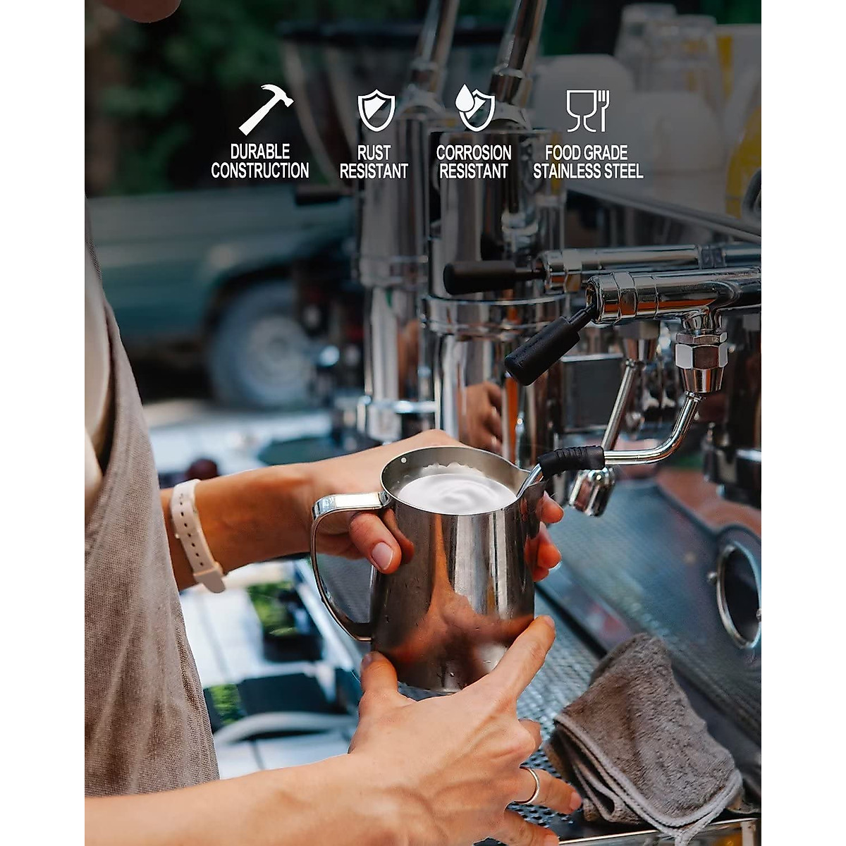 12 Ounces Stainless Steel Milk Frothing Pitcher, Measurements on Both Sides, Espresso Machine Accessories, Latte Art Cup with Insulated Handle, Creamer Pitcher for Single-Serve, No-drip or Spillage