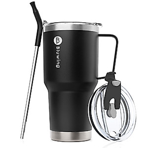 Bluwing Travel Mugs with Handle 30 oz Stainless Steel Double Wall Insulated Coffee Tumblers with Lid and Straw (Black)