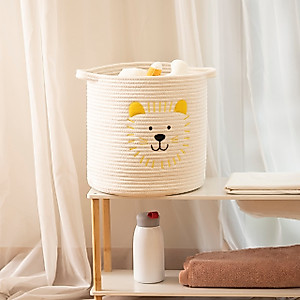 NADEnVIE Animal Laundry Basket For Nursery, Foldable Toy Storage Basket Tiger Design, Natural Handmade Basket With Handle For Home Decor, Nontoxic Cotton Rope Woven Safe for Children and Pet (White)