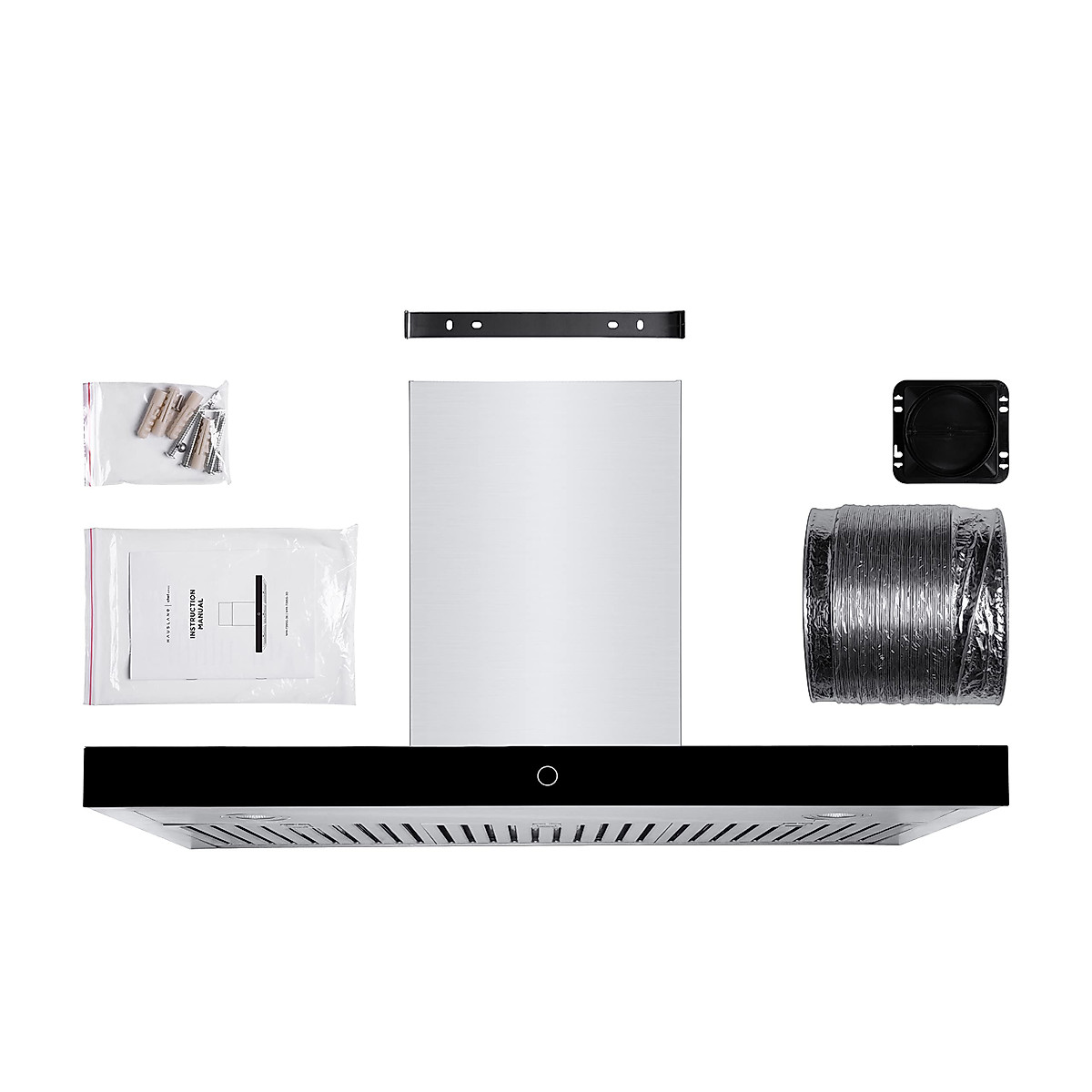 Hauslane | Chef Series Range Hood: 36" WM-739 Wall Mount Kitchen Fan | Contemporary Stainless Steel T Style Hood with Black Glass Panel | 3 Speed Touch Control Wall Mount | Vented or Ductless