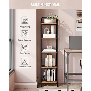 Hzuaneri Bookcase Bookshelf, Narrow Book Shelf, Industrial Corner Shelf Storage Organizer, Slim Shelving Unit for Home Office, Living Room, Bedroom, Kitchen, 5-Tier Rustic Brown and Black BC24501B