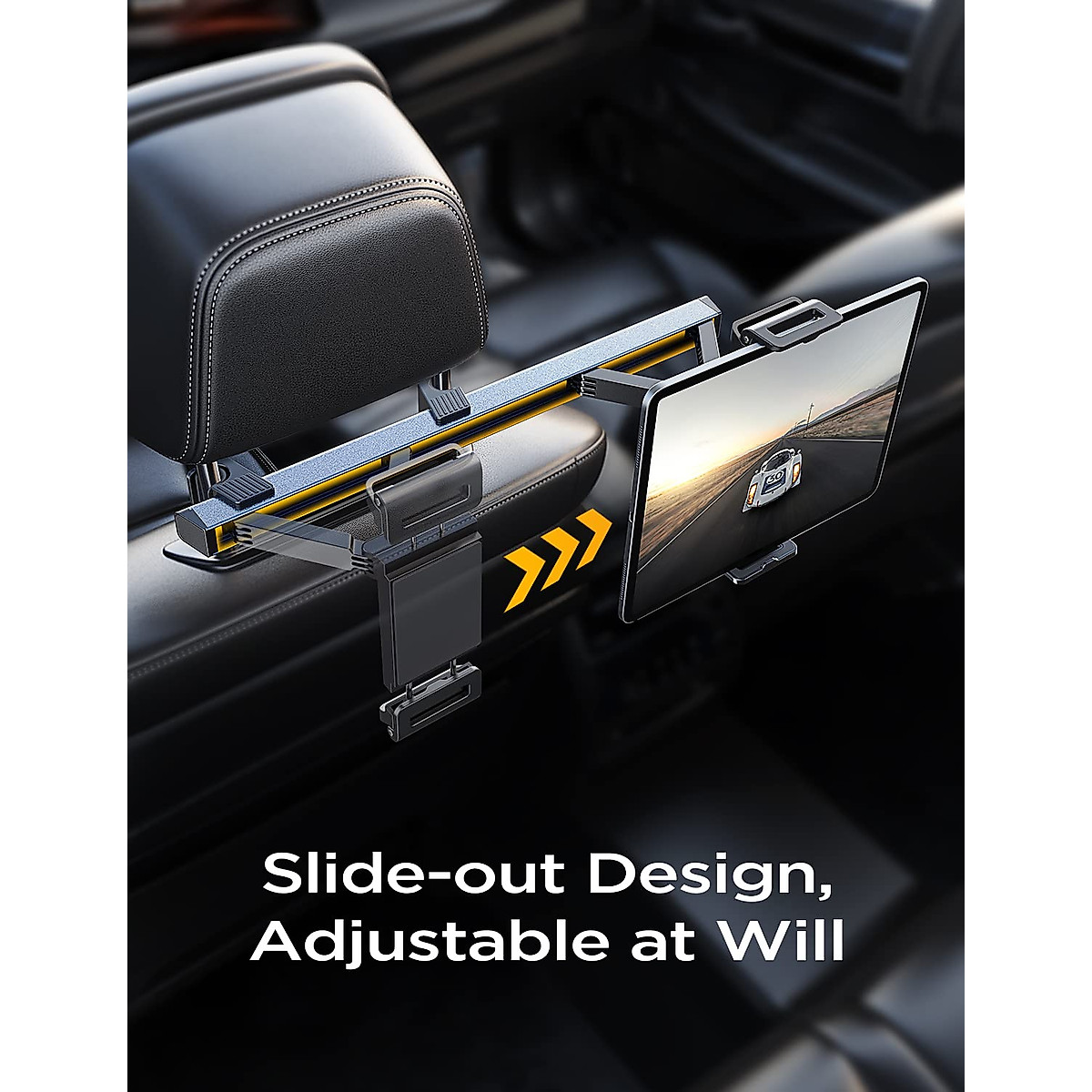 LISEN iPad Car Holder Back Seat iPad Holder for Car Tablet Mount Headrest Travel Accessories Road Trip Essentials for Kids Adults Fits All 4.7-12.9" Devices & Headrest Rod (Black)