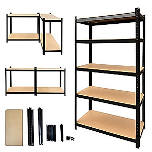 5 Tier Adjustable Boltless Garage Shelving, Heavy Duty Storage Racks Unit, Organizing Metal Shelf for Home Office Workshop Warehouse Household Kitchen, 59" H x 28" W x 12" D, Black, DIY Shelves