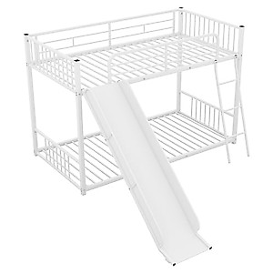 BOVZA Twin Over Twin Low Bunk Bed with Slide, Metal Bunk Bed Frame with Metal Slats Support and Guardrails for Kids Boys Girls Teens, No Box Spring Needed, White