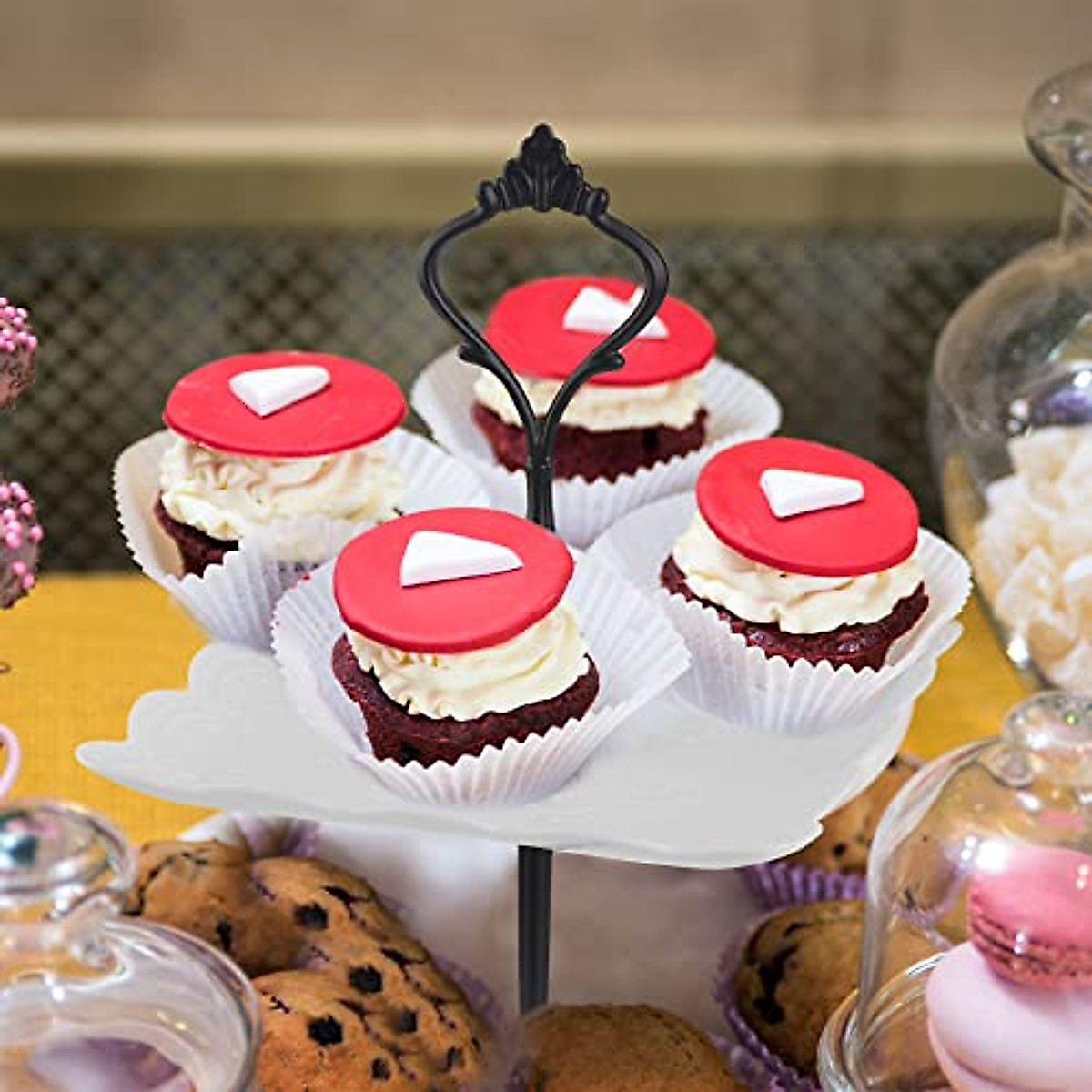 Lucky Will 3 Tier Cupcake Stand Plastic Tiered Tray Dessert Cakes Snacks Display Tower Tray for Halloween Wedding Birthday Party Tea Party (Black New Crown,Square)