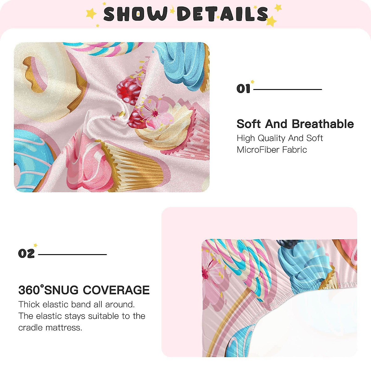 Blueangle Fitted Crib Sheet Cupcakes and Donuts Baby Sheets for Standard Crib Toddler Mattress Cover, Soft Microfiber Breathable Mattress Cover for Boys and Girls（486）