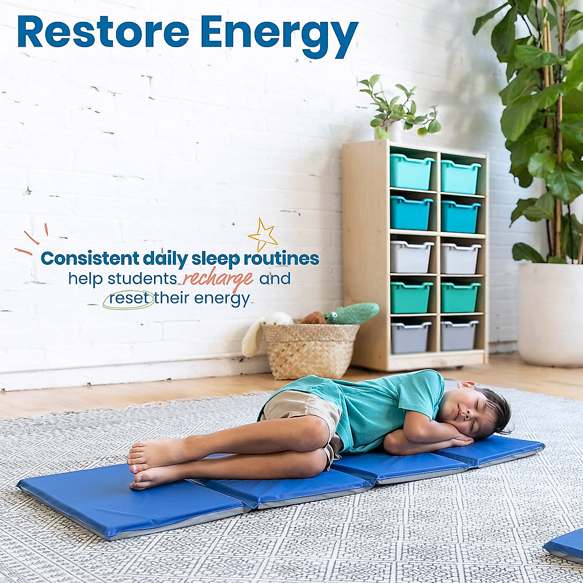 ECR4Kids Everyday Folding Rest Mat, 4-Section, 1in, Classroom Furniture, Blue/Grey & Everything Kids Shark, Fish, Ocean Blue & Grey Preschool Nap Pad Sheet, Blue, Grey, Navy,