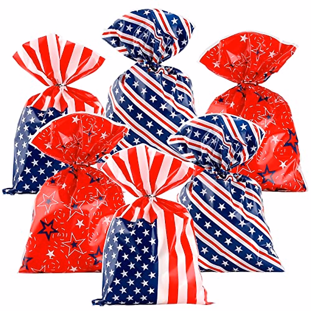 Whaline 150Pcs 4th of July Cello Bags 3 Design Patriotic Stars Stripes Cellophane Bags with Twist Tie American Flag Party Candy Goodie Treat Bag for Independence Day Memorial Day Party Favor Supplies