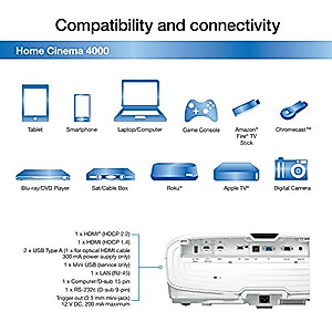 Epson Home Cinema 4000 3LCD Home Theater Projector with 4K Enhancement, HDR10, 100% Balanced Color and White Brightness and Ultra Wide DCI-P3 Color Gamut