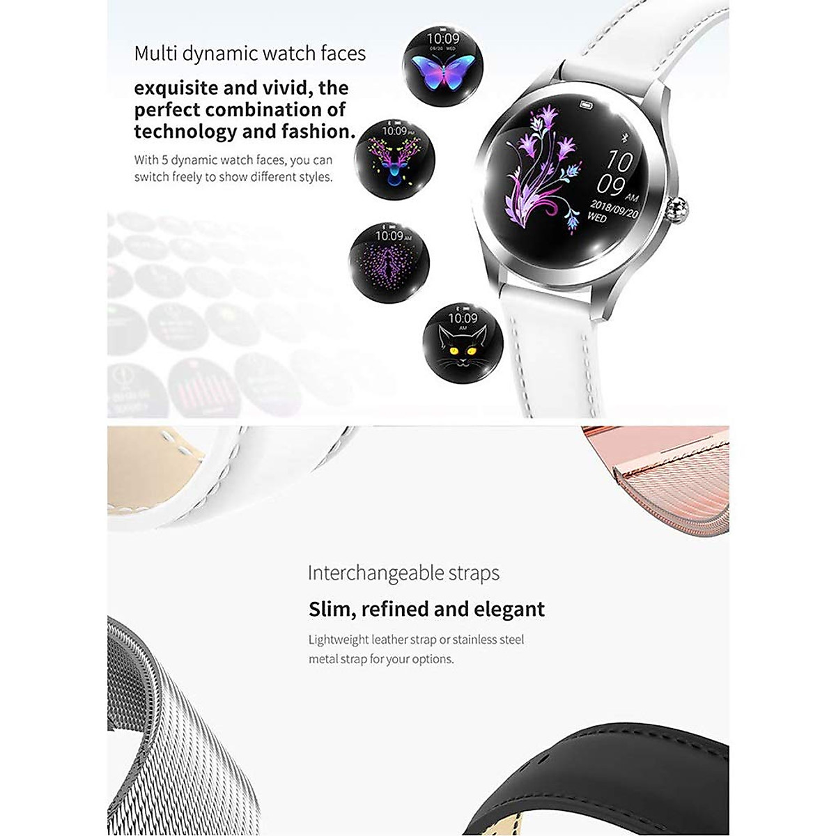 DRENTHE Woman Waterproof Smart Watch, Round Touch Screen IP68 Waterproof Smart Watch, Heart Rate Detector and Fitness Tracker，Android/iOS Bracelet[Designed for Women] ( Color : Black Belt )