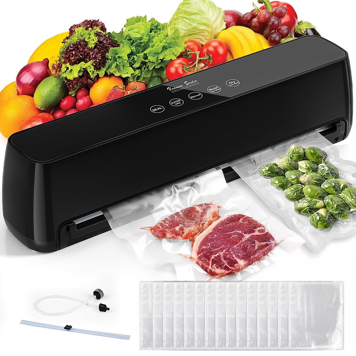 BYUVEVSR Fully Automatic Vacuum Sealer Machine, Hands-Free Operation 5 Functions, Suitable for Sealing Dry and Wet Foods, LED Indicator Compact Design Includes 15 Bags Black 14.9 x 5.9 x 2.28 AP-10-B