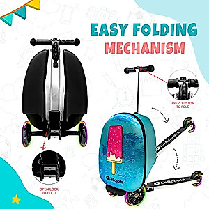 Lascoota Scooter Suitcase, Foldable Scooter Luggage For Kids - Lightweight Kids Ride on Luggage Scooter, LED Lights - Video Game Graphic Suitcase Scooter, Ride On Suitcase for Kids Ages 4-8