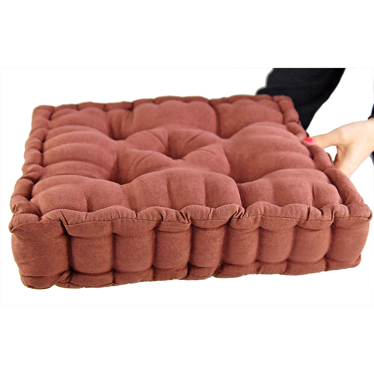 Home-X Tufted Booster Cushion, Thick Square Seat Pad with Carrying Handle – Brown 15” L x 15” W x 3 ½” H