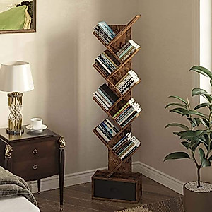 Rolanstar Bookshelf 6 Tier with 9-Tier Tree Bookshelf Wooden Bookshelves Storage Rack for CDs/Movies/Books, Standing Bookshelves Metal Frame Display Rack for Living Room, Bedroom