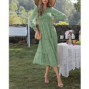 kimralur Womens Casual Long Sleeve Midi Fall Dress Crew Neck Boho Floral Print Smocked Ruffle Tiered Flowy Long Dress