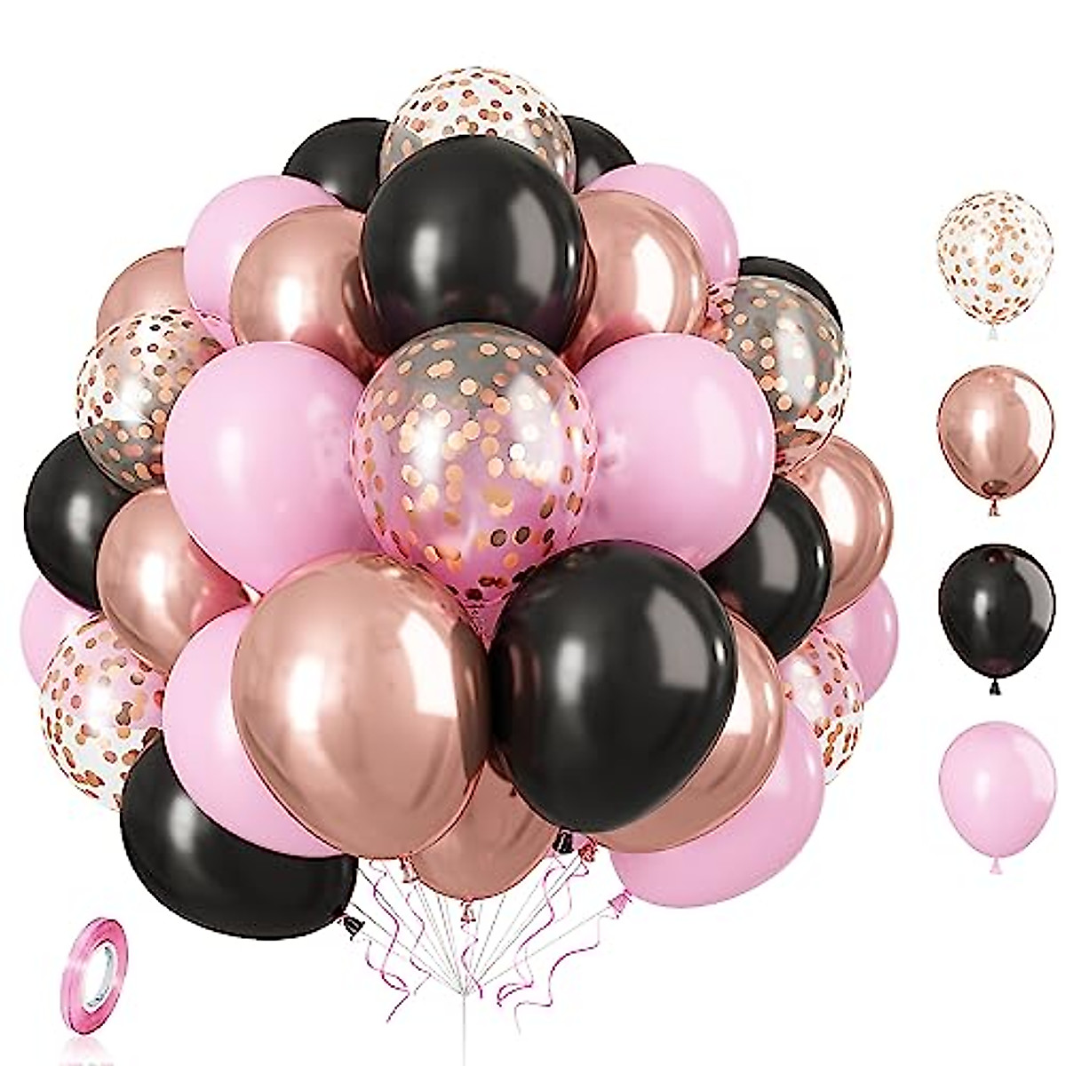 Light Pink and Black Balloons, 55 Pcs Black and Pink Balloons Set with Rose Gold Confetti Metallic Rose Gold Balloons, 12 Inch Pastel Pink Baby Pink Balloons for Girl Birthday Party Wedding Decoration