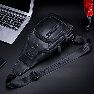 BULLCAPTAIN Genuine Leather Sling Bag with USB Charging Port Multi-pocket Chest Bag for Men Hiking Travel Daypack XB-129 (Black)