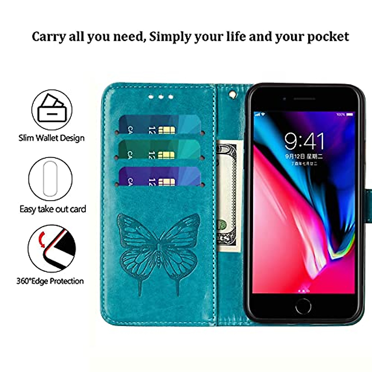 Compatible for iPhone 8 Wallet Case,iPhone 7 Case,iPhone SE 2022 Case,iPhone SE 2020 Case,6/6S Case,[Kickstand][Wrist Strap][Card Holder Slots] Butterfly Floral Embossed PU Leather Flip Cover (Blue)