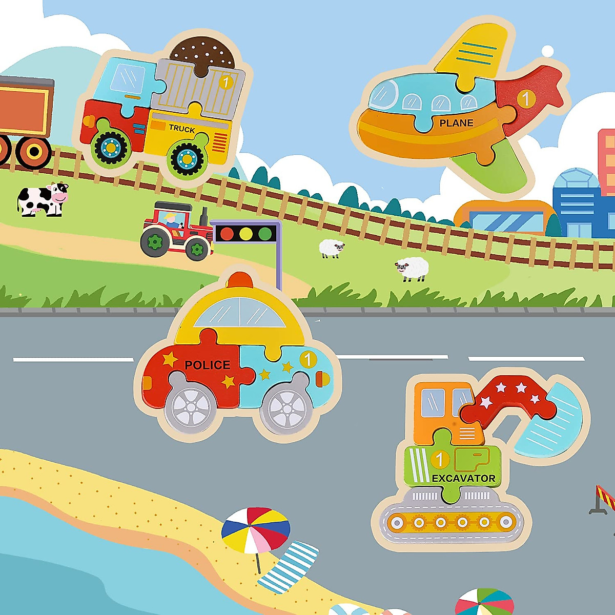 Phoohi Wooden Puzzles for Toddlers 1-3 Years 4pcs Vehicle Traffic Puzzles Early Learning Educational Montessori Preschool Wooden Toys for 2 Year Old Boys Gift