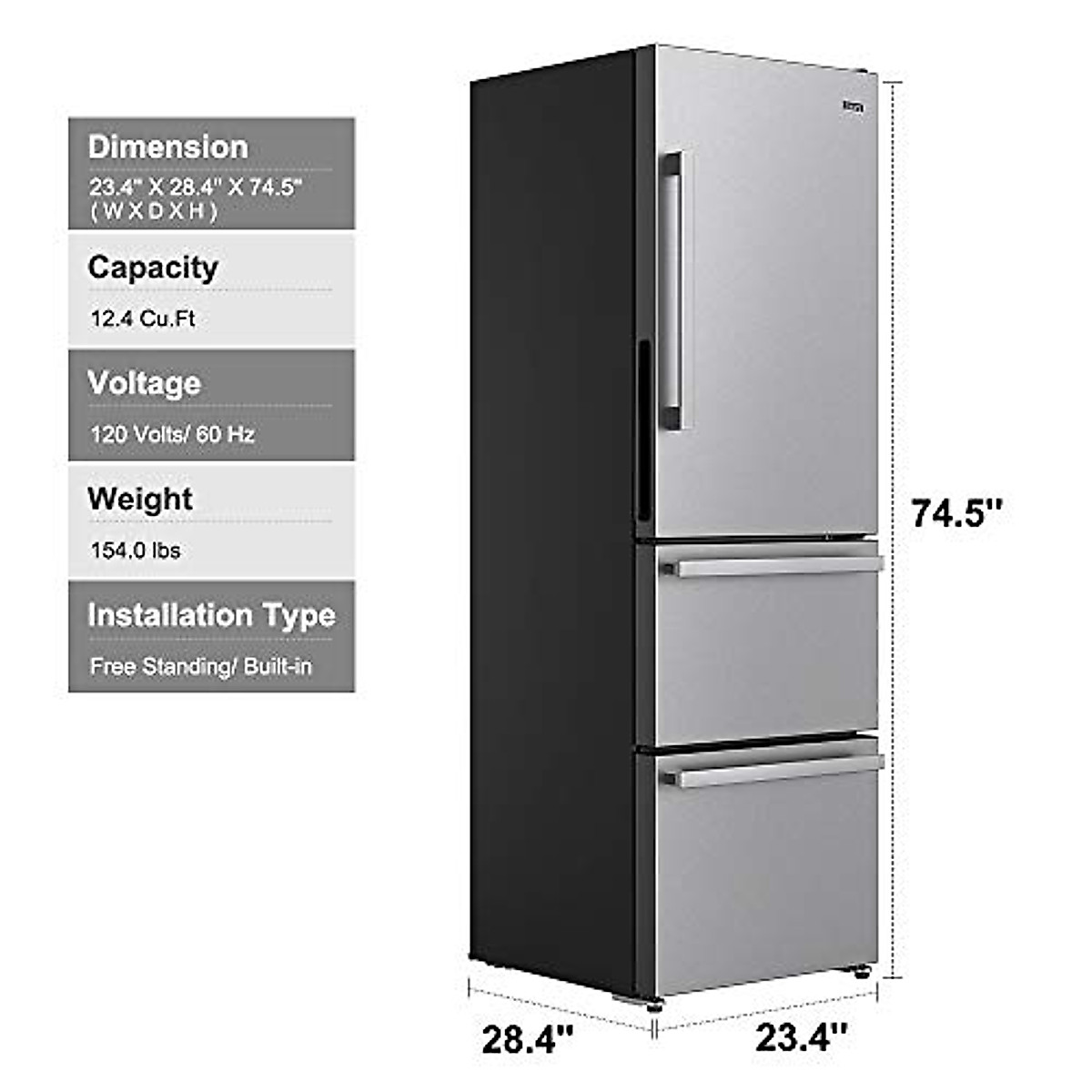 Galanz GLR12BS2K16 Bottom Mount Freezer Refrigerator, Three Doors Fridge, 12.3 Cu.Ft, Stainless Steel