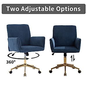 Stripes Velvet Home Office Desk Chair Accent Upholstered Modern Height Adjustable 360° Armchairs with Gold Base for Women Girls Ergonomic Study Seat Computer Task Stools for Living Room（Navy Blue）