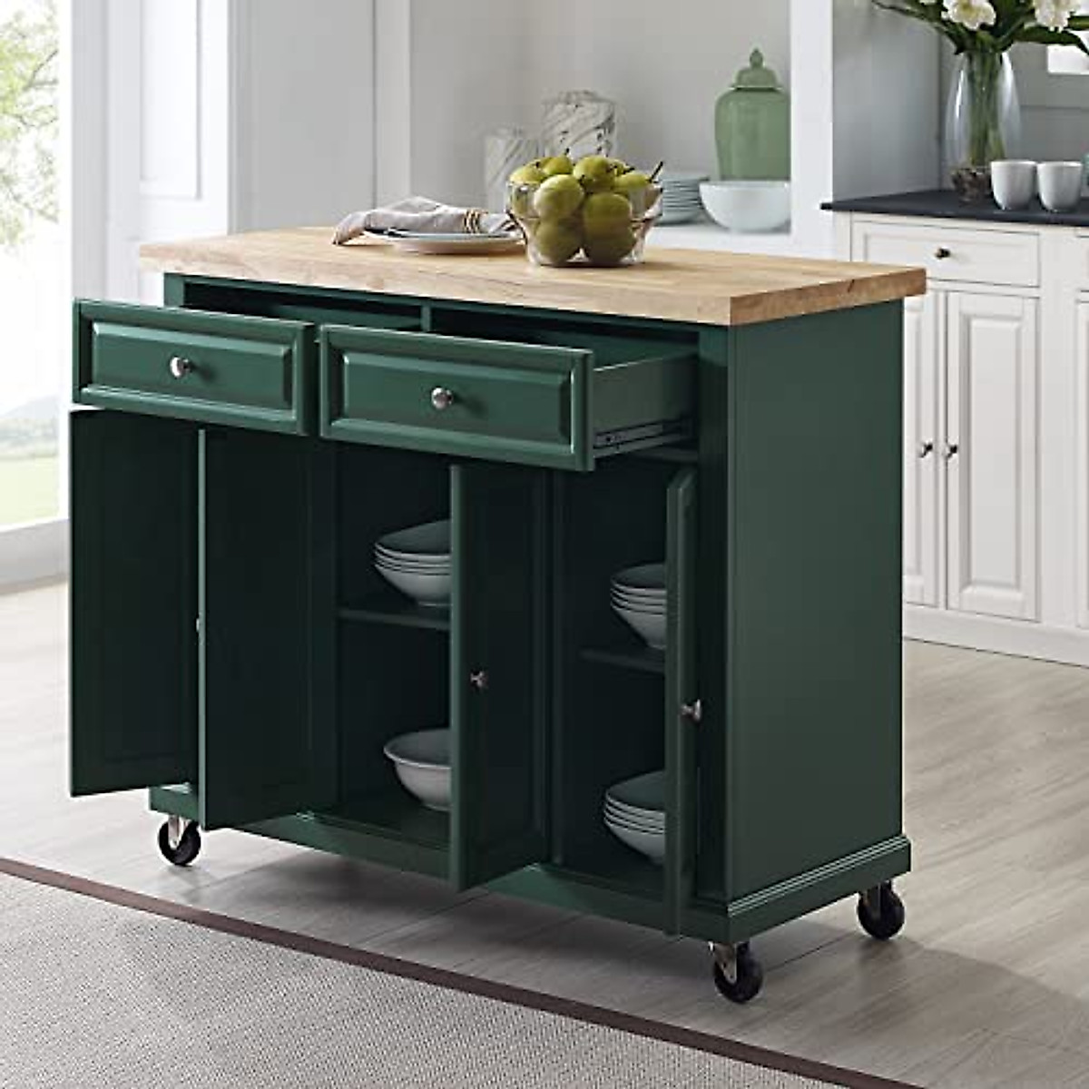 Crosley Furniture Madison Madison Rolling Kitchen Island Cart, Microwave Stand, Coffee Bar, with Shelves and Drawers, Emerald Green