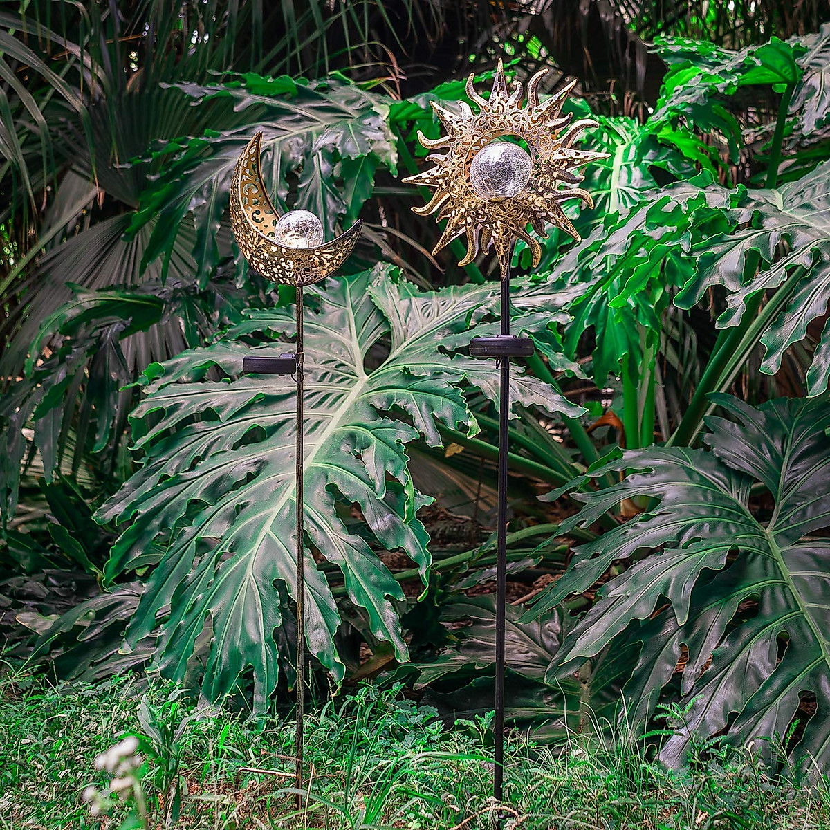 Solar Lights Outdoor Garden Decor,Waterproof Metal Sun Moon Decorative Stakes Crackle Globes Decoration for Walkway,Yard,Lawn,Patio(2 Pack)