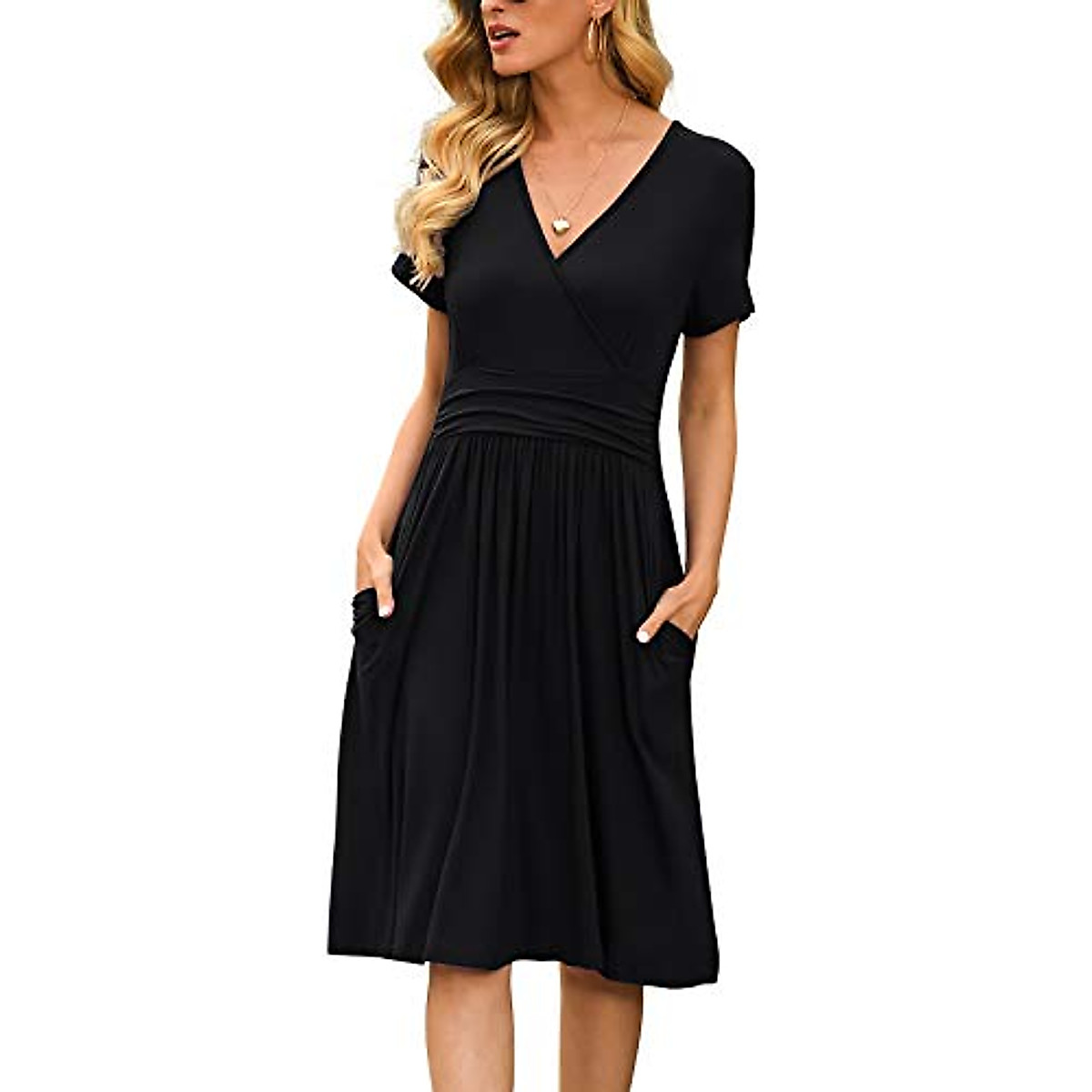 LILBETTER Women's Summer Casual Short Sleeve V-Neck Short Party Dress with Pockets Black Medium