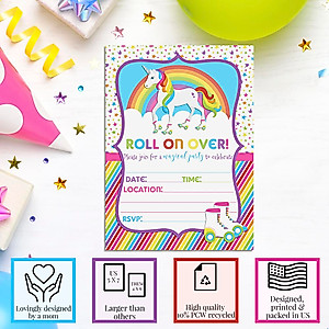 Colorful Unicorn Rainbow Roller Skating Birthday Party Invitations, 20 5x7 Fill In Cards with Twenty White Envelopes by AmandaCreation