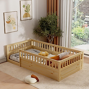 Favfurish Twin Size Montessori Floor Bed, Solid Wood Playhouse Bedframe with Safety High Fence for Kids, Girls, Boys, Bedroom, Playroom, Easy Assembly & No Box Spring Needed, Natural