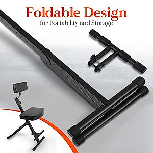 PYLE Drum Throne - Guitar Stool, Foldable & Portable Chair w/ Backrest & Footrest, Adjustable Music Stool for Adults, Padded Cushioned Seat & Back