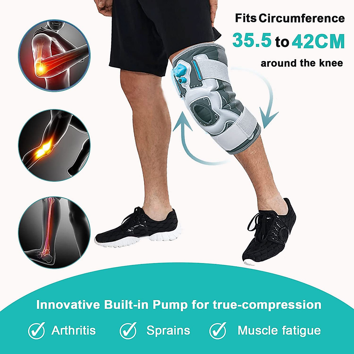 Inflatable Knee Brace with Built-in Pump; Compression Knee Wrap - Reusable Brace with Air Pump - for knee Pain Relief, Swelling and Recovery Support - Adjustable and Inflatable for Sports Injury Sprains